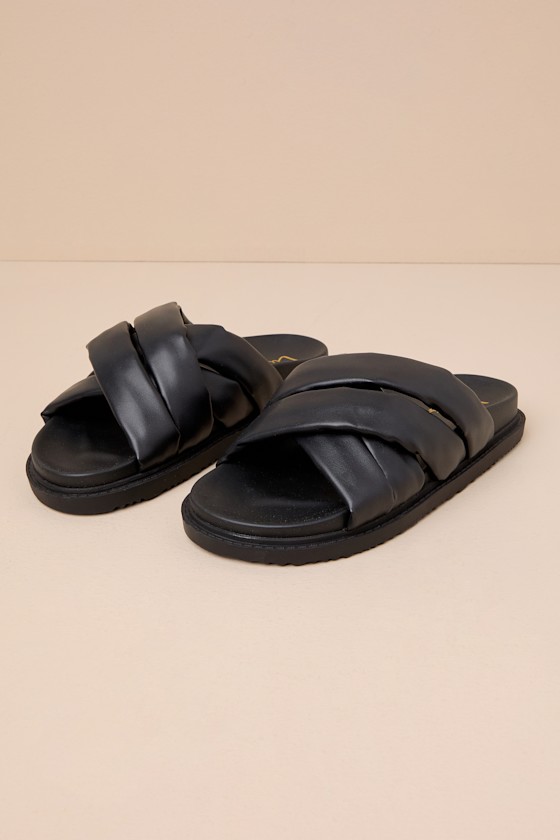 Black Slide Sandals - Strappy Slide Sandals - Black Flat Sandals - Lulus