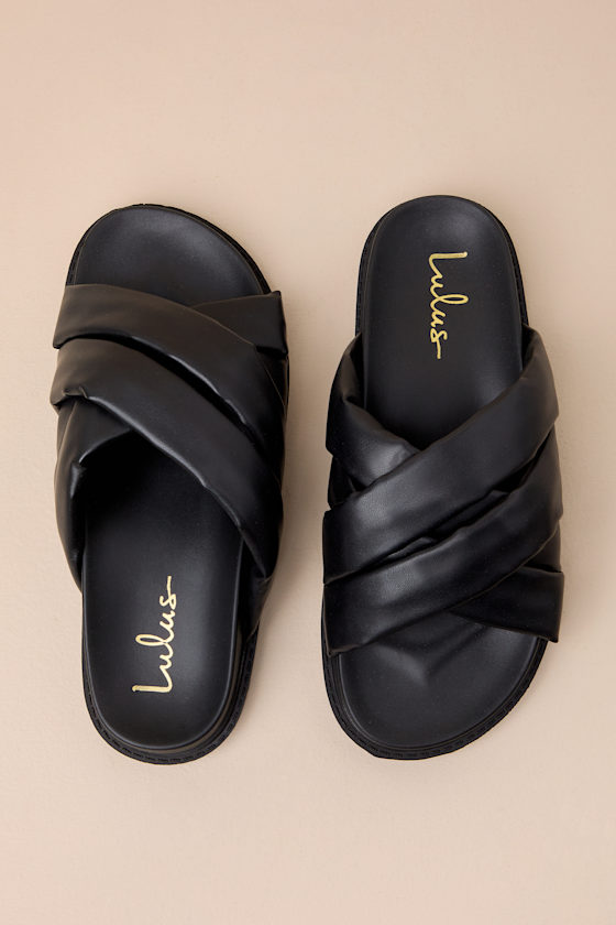 Black Slide Sandals - Strappy Slide Sandals - Black Flat Sandals - Lulus