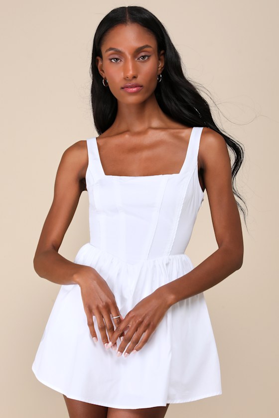White Poplin Romper Bustier Skort Romper Square Neck Romper Lulus