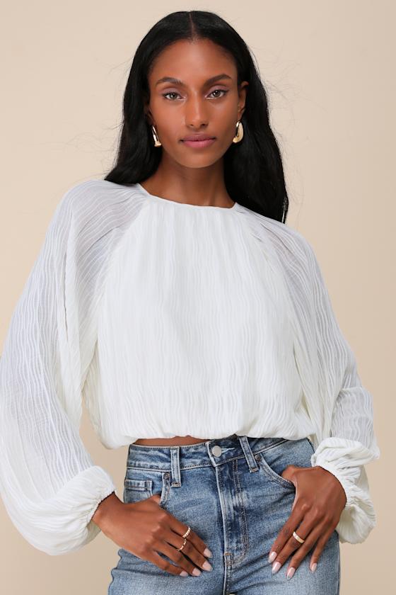 White Plisse Top - Balloon Sleeve Top - Cropped Bubble-Hem Top - Lulus