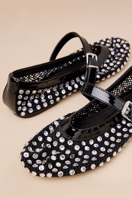 Lulus Teela Black Mesh Rhinestone Buckle Ballet Flats | ModeSens