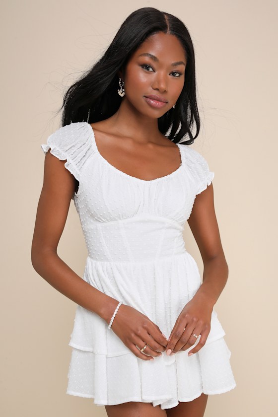 White Swiss Dot Romper Bustier Romper Ruffled Romper Lulus