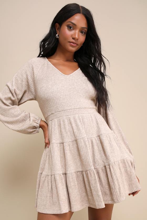 Heather Beige Dress - Beige Sweater Dress - Skater Sweater Dress - Lulus