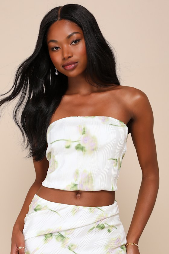Ivory Floral Top - Wavy Pleated Top - Plisse Strapless Top - Top - Lulus