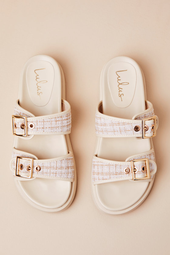 Lulus Katrinna Natural Fabric Tweed Flatform Slide Sandals In White ...