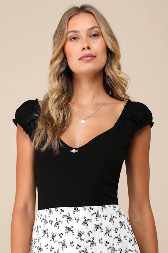 Cute Black Jersey Knit Top - Ruffled Cap Sleeve Top - Rosette Top - Lulus