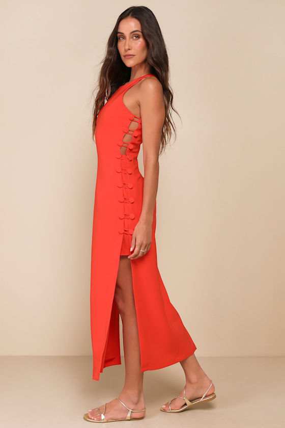 Bright Orange Midi Dress - Button Side Dress - Slit Midi Dress - Lulus