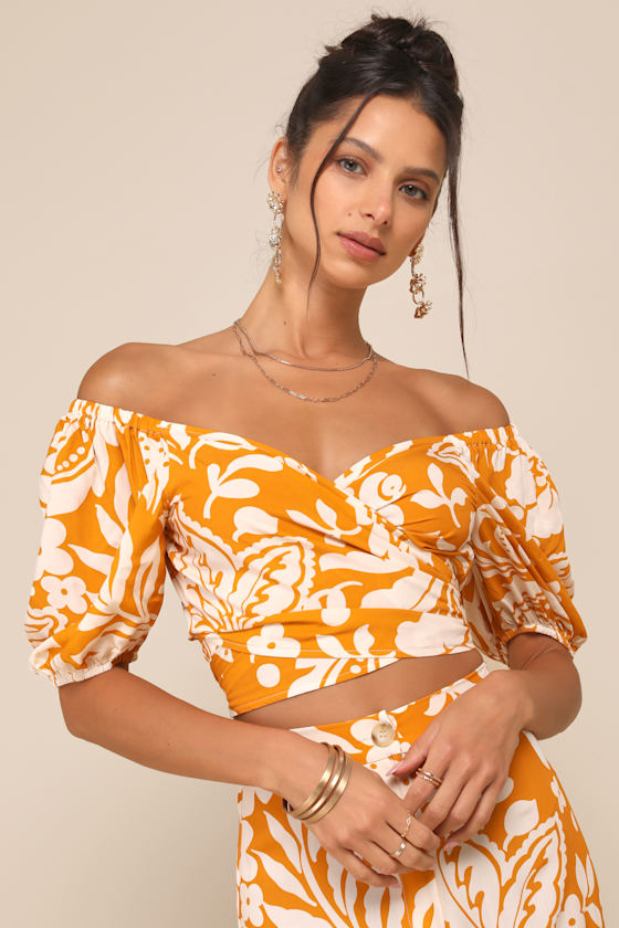 Orange Floral Top - Off-the-Shoulder Crop Top - Wrap Crop Top - Lulus