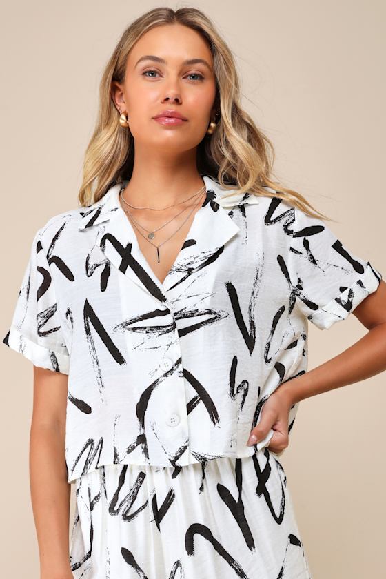 Ivory and Black Top Abstract Print Top - Button-Up Top - Top - Lulus