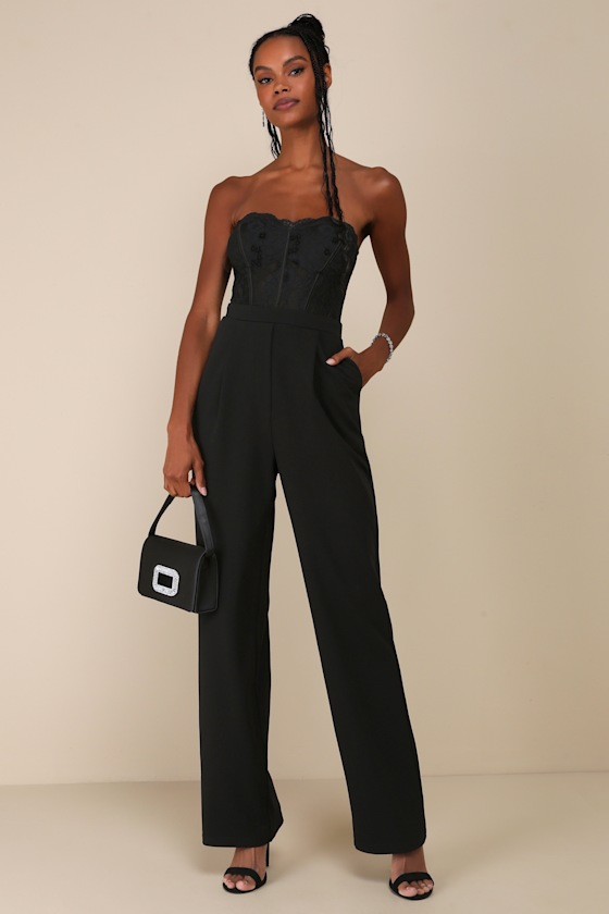 Black Lace Strapless Jumpsuit - Bustier Jumpsuit - Jumpsuit - Lulus