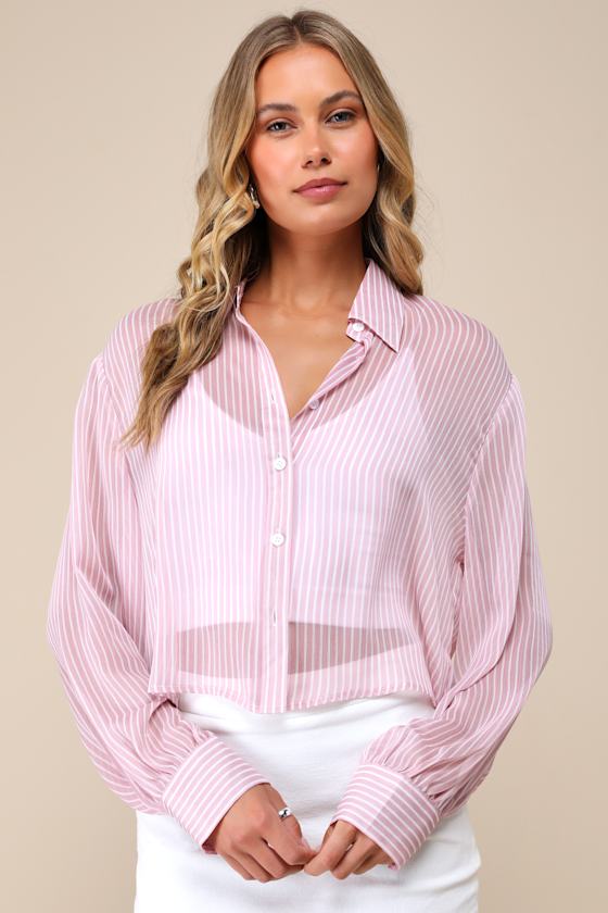 Pink Striped Top - Cropped Button-Up Top - Chiffon Button-Up - Lulus