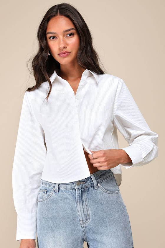 Ivory and Grey Striped Top - Collared Button-Up - Button-Up Top - Lulus