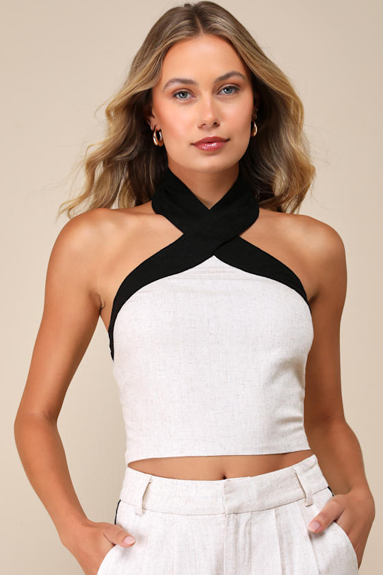 Beige Color Block Top - Linen Halter Top - Backless Crop Top - Lulus