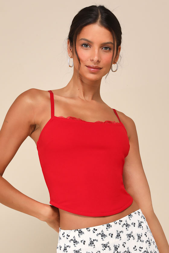 Red Ponte Knit Top - Cropped Cami Top - Lacy Cami Top - Crop Top - Lulus