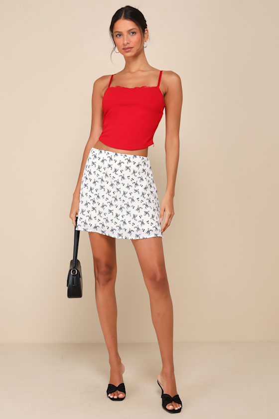 Red Ponte Knit Top - Cropped Cami Top - Lacy Cami Top - Crop Top - Lulus