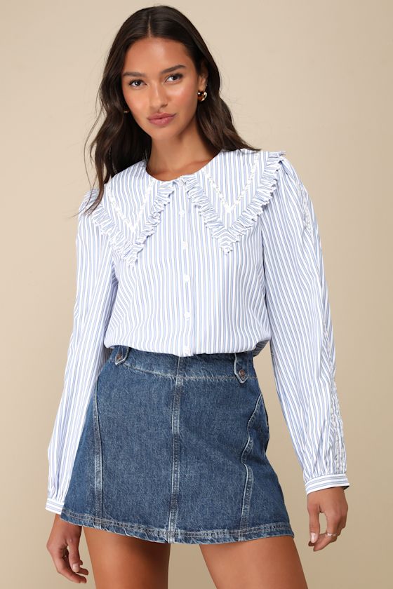Blue & White Striped Top - Collar Top - Button-Up Collared Top - Lulus