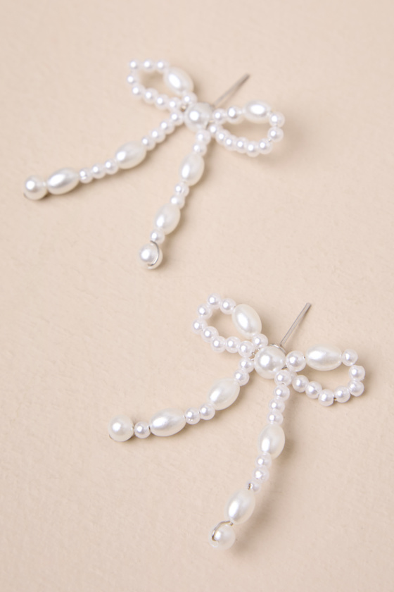 White Bow Earrings - Pearl Bow Earrings - Pearl Earrings - Lulus