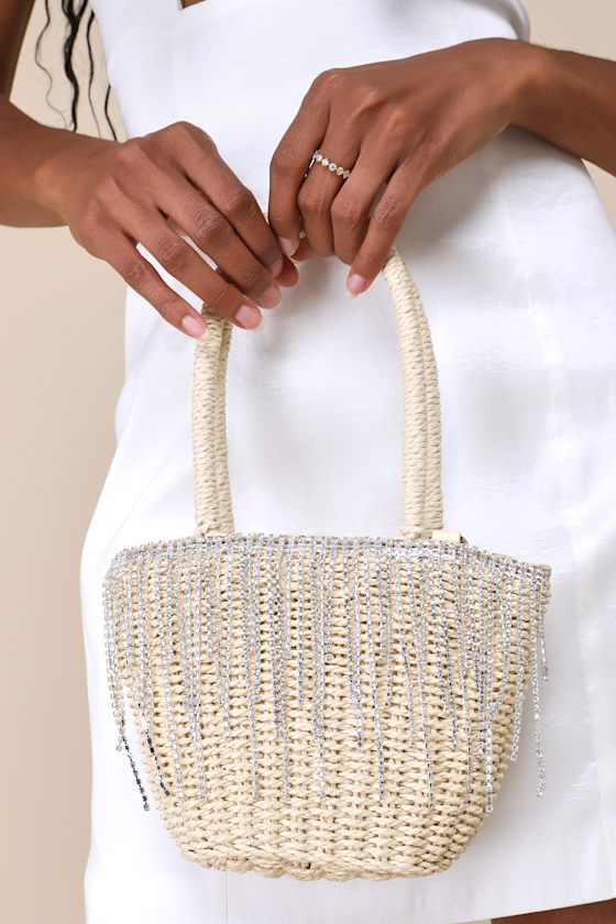 Ivory Rhinestone Fringe Bag - Mini Basket Bag - Mini Tote Bag - Lulus