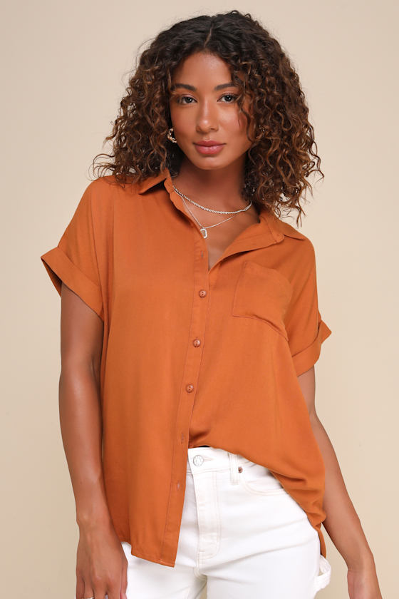 Classic Rust Brown Top - Button-Up Top - Short Sleeve Top - Top - Lulus