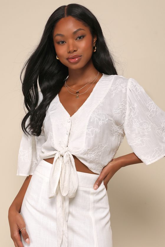 White Embroidered Top Button Up Crop Top Tie Front Blouse Lulus