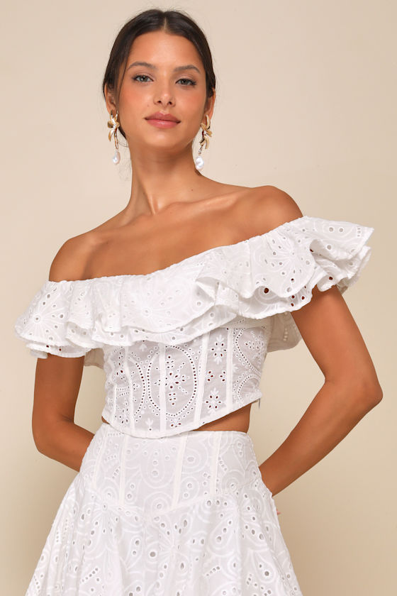 Ivory Crop Top - Eyelet Embroidered Top - Ruffled OTS Top - Lulus