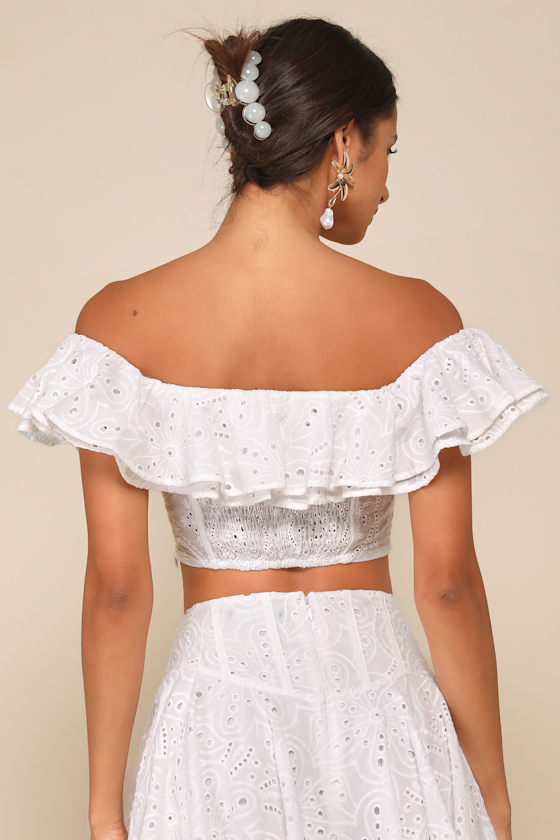 Ivory Crop Top - Eyelet Embroidered Top - Ruffled OTS Top - Lulus