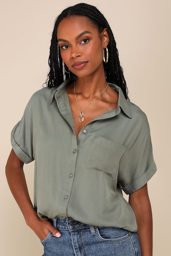 Classic Olive Green Top - Button-Up Top - Short Sleeve Top - Top - Lulus