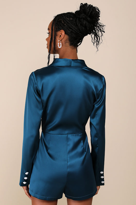 Teal Blue Satin Romper - Surplice Blazer Romper - Collared Romper - Lulus