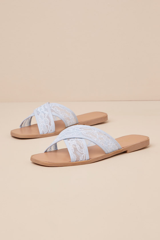 Baby Blue Sandals - Floral Lace Slide Sandals - Slide Sandals - Lulus