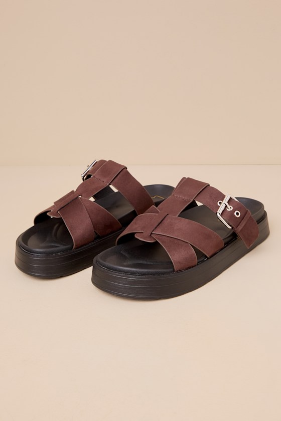 Brown Flatform Sandals - Suede Strappy Sandals - Slide Sandals - Lulus
