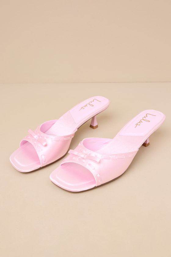 Pink Satin Sandals - Kitten Heel Sandals - Pink Bow Slide Sandals - Lulus