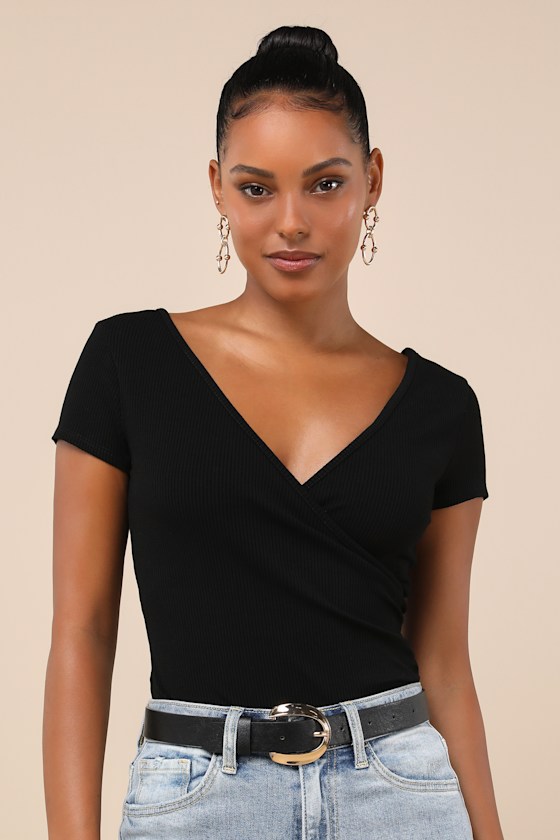 Black Ribbed Bodysuit Short Sleeve Bodysuit Surplice Bodysuit Lulus