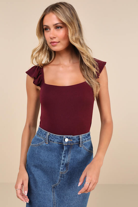 Burgundy Flutter Sleeve Bodysuit - Tie-Back Bodysuit - Bodysuit - Lulus