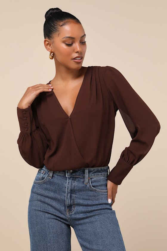 Brown Chiffon Bodysuit - Surplice Bodysuit - Long Sleeve Bodysuit - Lulus