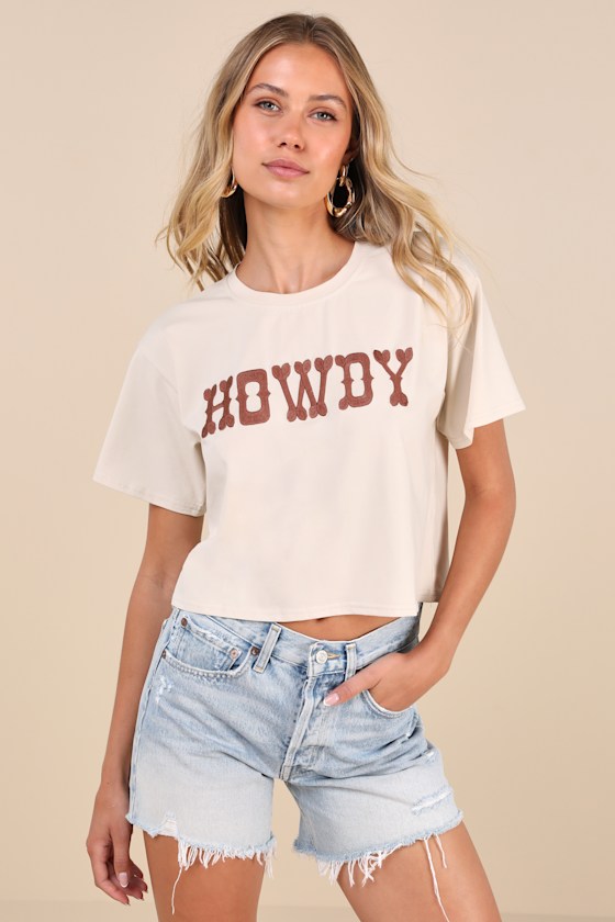 Beige Embroidered Graphic Tee - Howdy Tee - Crew Neck T-Shirt - Lulus