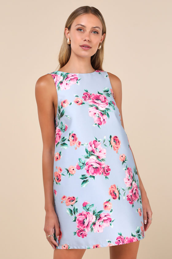 Blue Floral Shift Dress - Plunge Back Dress - Bow Mini Dress - Lulus