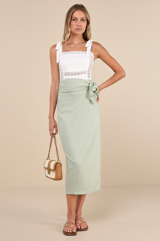 Sage Green Midi Skirt - Wrap Skirt - Linen-Blend Skirt - Lulus