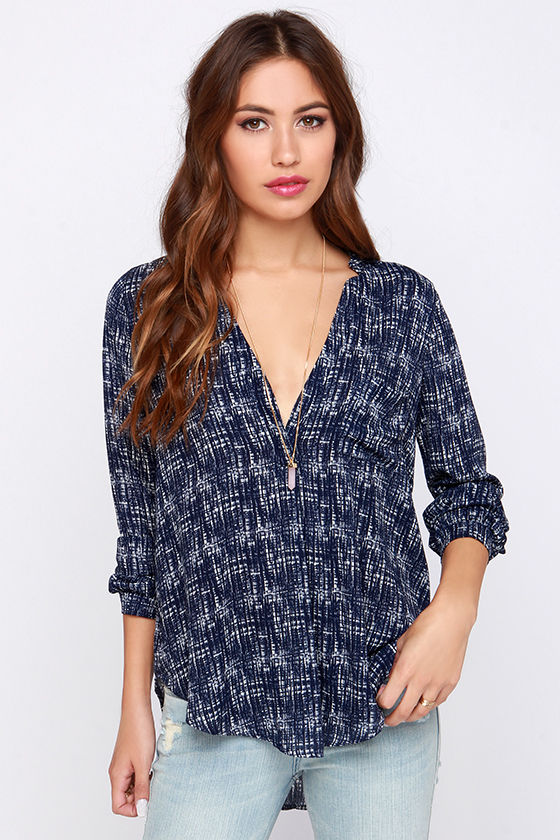 Cute Navy Blue Top - Print Top - Long Sleeve Top - V Neck Top - $40.00 ...