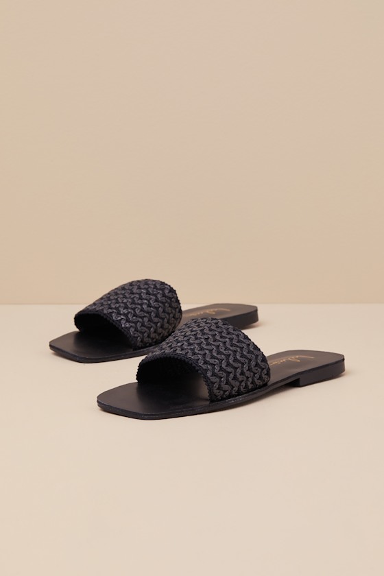 Black Raffia Sandals - Woven Slide Sandals - Flat Slide Sandals - Lulus