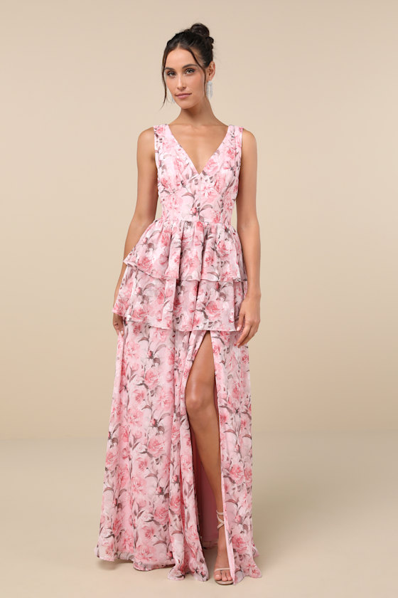 Blush Pink Floral Dress Floral Maxi Gown Tiered Maxi Dress Lulus