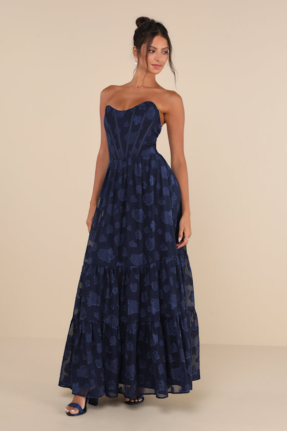 Navy Blue Burnout Dress - Floral Bustier Dress - Cute Maxi Dress - Lulus