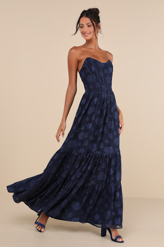 Navy Blue Burnout Dress - Floral Bustier Dress - Cute Maxi Dress - Lulus
