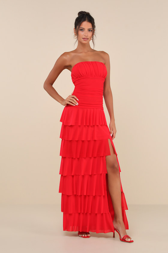 Red Mesh Maxi Dress - Red Tiered Maxi Dress - Ruched Maxi Dress - Lulus
