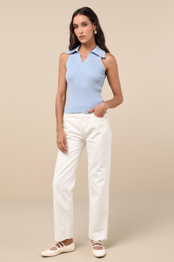 Blue Ribbed Sweater Top - Collared Sweater Top - Sleeveless Top - Lulus