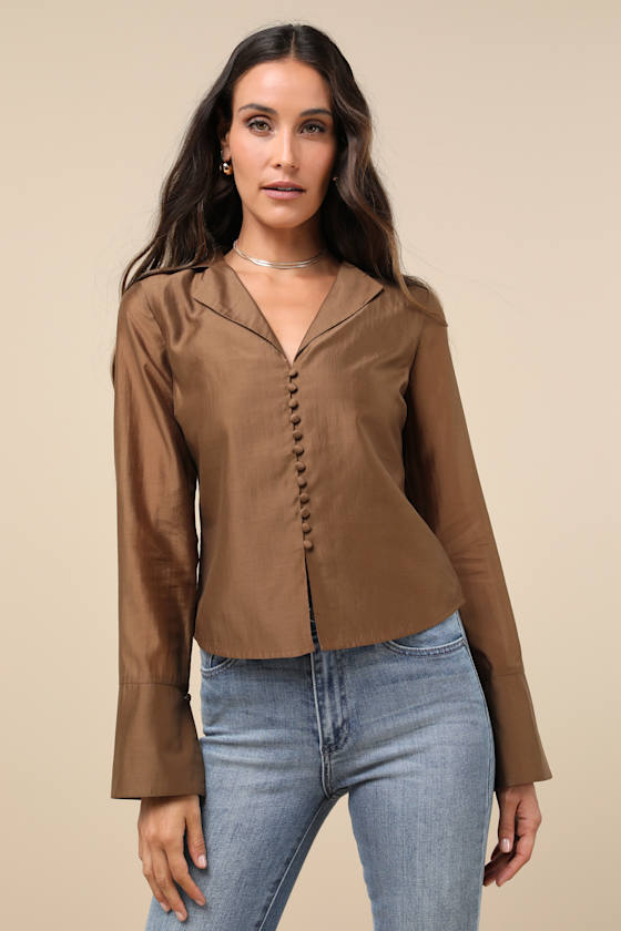 Brown Collared Top - Button-Up Top - Long Sleeve Top - Blouse - Lulus