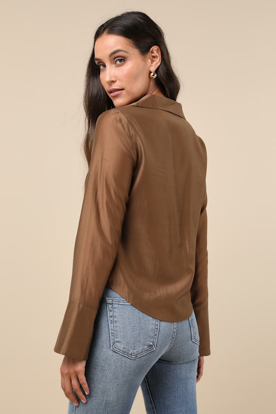 Brown Collared Top - Button-Up Top - Long Sleeve Top - Blouse - Lulus