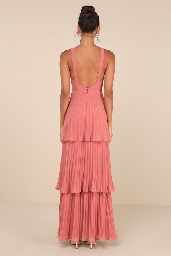 Rusty Rose Pleated Dress - Tiered Dress - Backless Maxi Dress - Lulus