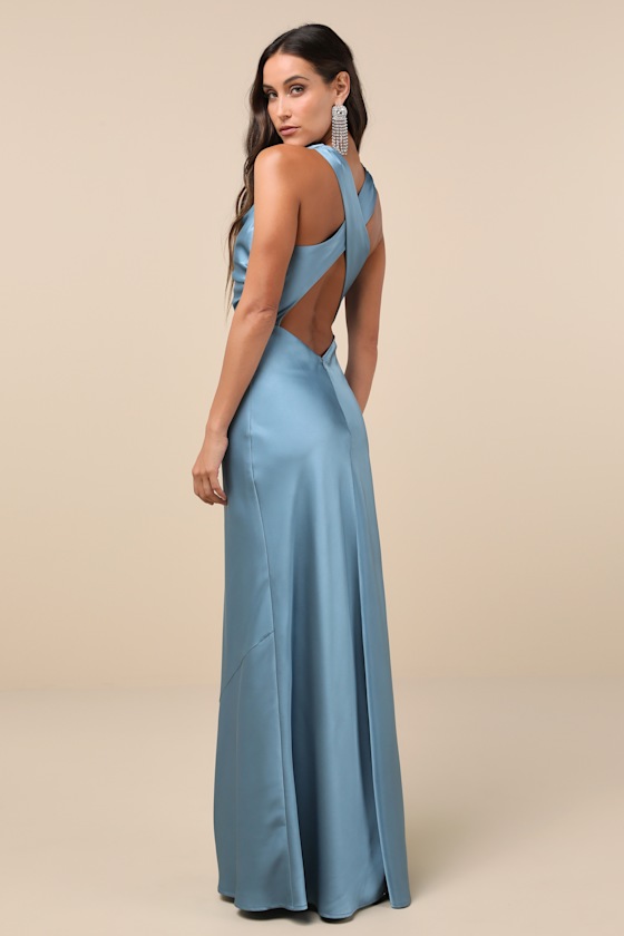 Slate Blue Dress - Cowl Neck Dress - Backless Ruched Dress - Lulus