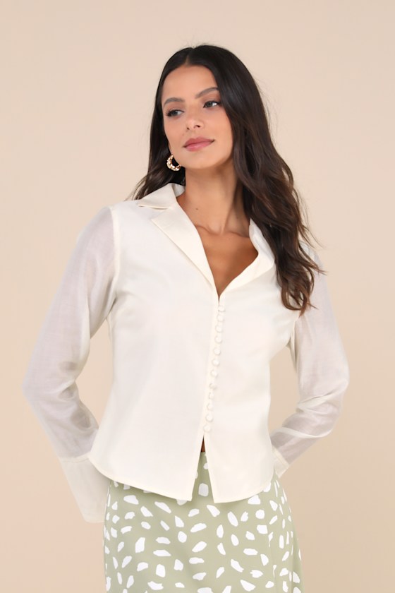 Ivory Collared Top - Button-Up Top - Long Sleeve Top - Blouse - Lulus