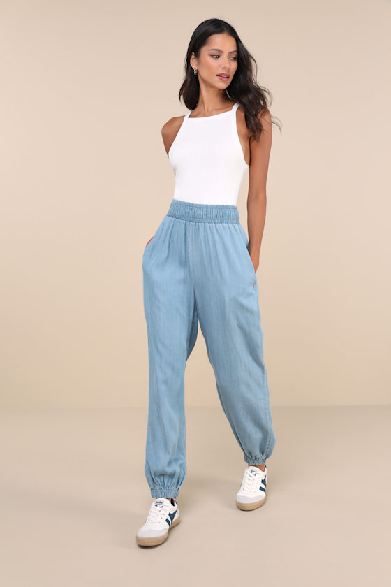 Light Blue Chambray - Chambray Jogger Pants - High-Rise Joggers - Lulus